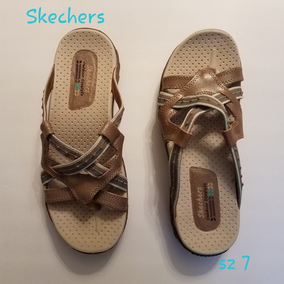 Skechers | Shoes | Womens Leather Skecher Sandals Brown Teal Sz 7 ...